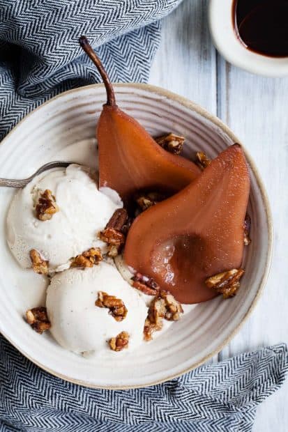 Mulled Pomegranate Cider Poached Pears - Snixy Kitchen