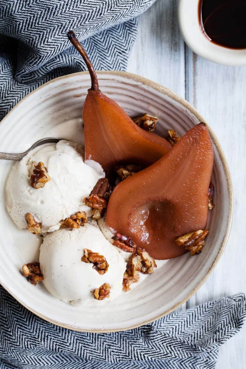 Mulled Pomegranate Cider Poached Pears - Snixy Kitchen