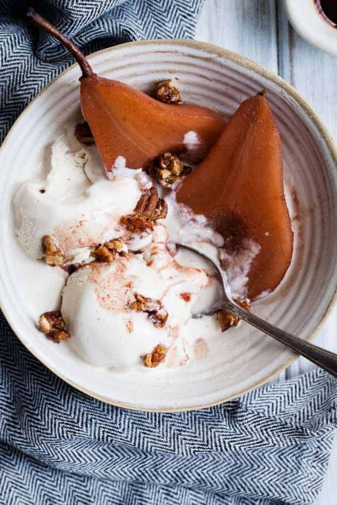 Mulled Pomegranate Cider Poached Pears - Snixy Kitchen