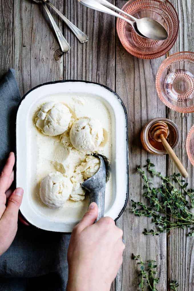 Honey & Lemon Thyme Ricotta Ice Cream with Vanilla Peaches - Snixy Kitchen