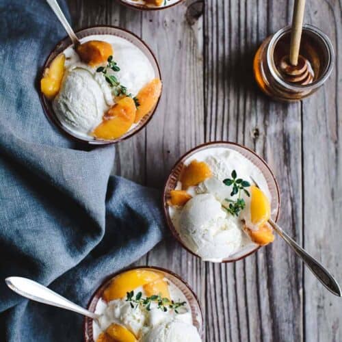 Honey & Lemon Thyme Ricotta Ice Cream with Vanilla Peaches - Snixy Kitchen