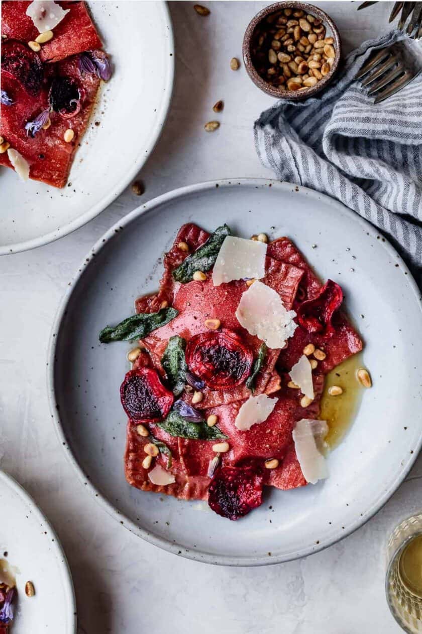 Chickpea Beet Ravioli with Herbed Ricotta - Snixy Kitchen