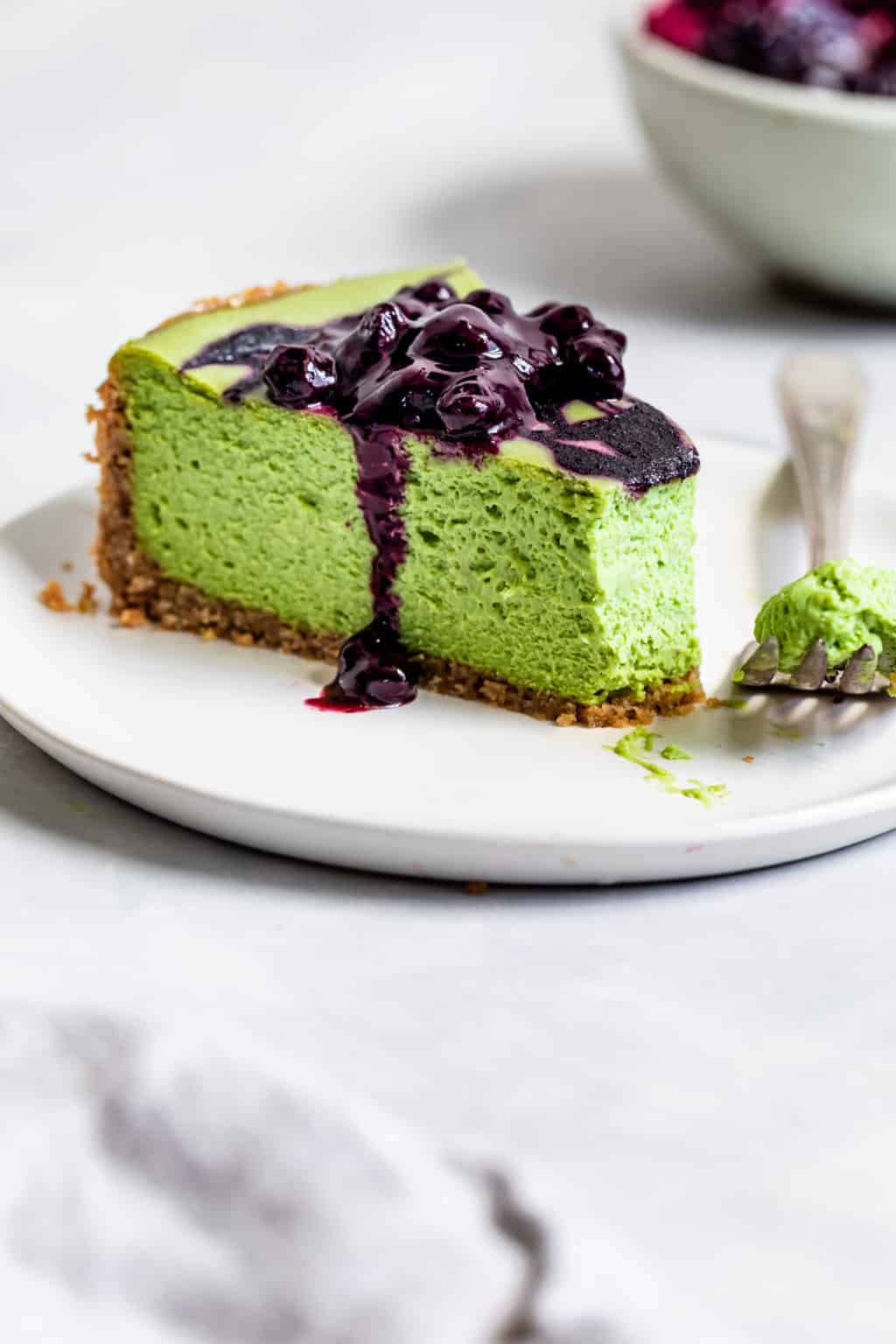 Matcha Cheesecake with Blueberry Swirl - Snixy Kitchen