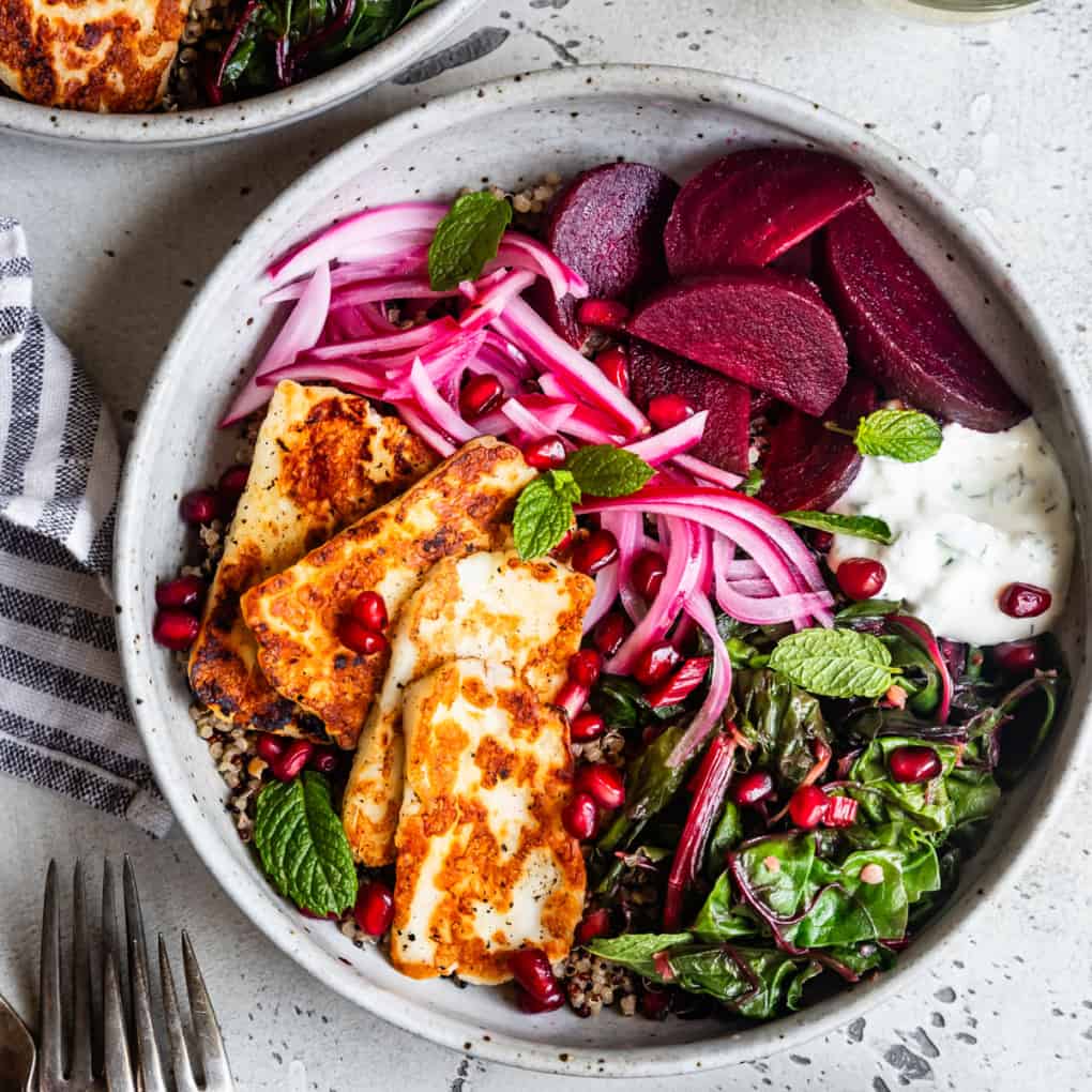 Fried Halloumi over Quinoa Veggie Bowls - Snixy Kitchen