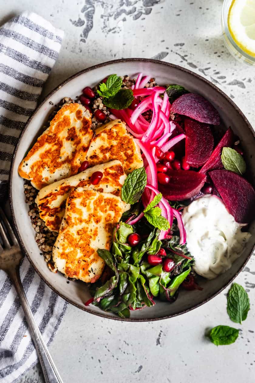 Fried Halloumi over Quinoa Veggie Bowls - Snixy Kitchen